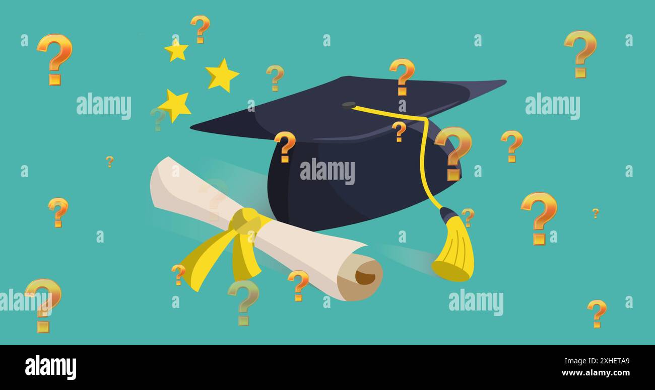 Image of question mark and graduation cap on green background Stock ...