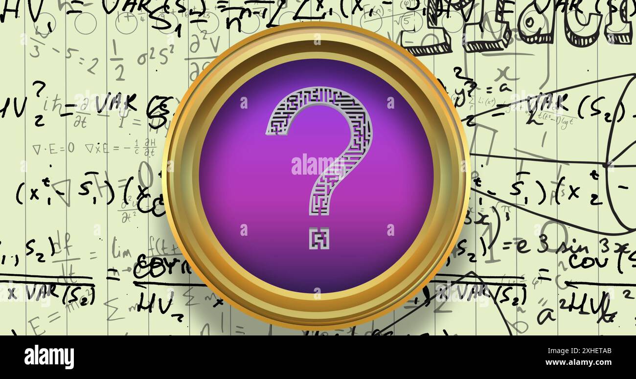 Question mark symbol over purple round banner against mathematical ...