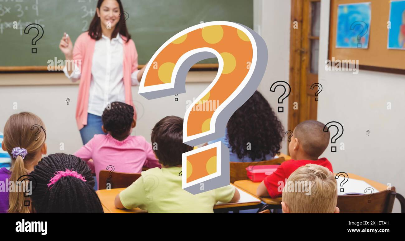 Image of question marks with diverse schoolchildren and teacher in ...