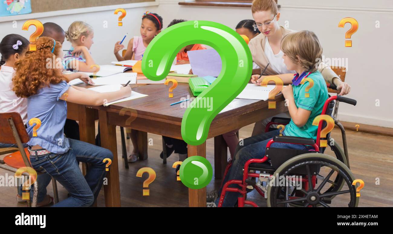 Image of question marks over diverse schoolchildren and teacher in ...