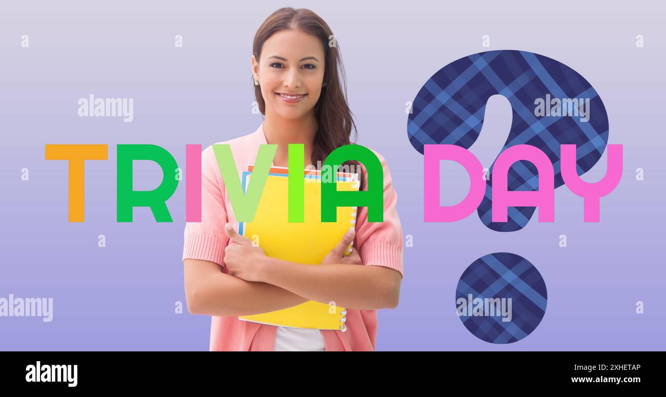 Trivia day text banner over female teacher smiling and question mark ...