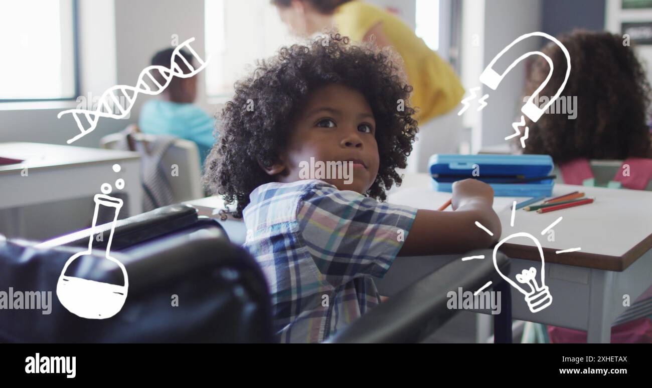 Image of science icons over happy biracial schoolboy in wheelchair at desk in class. Disability ...