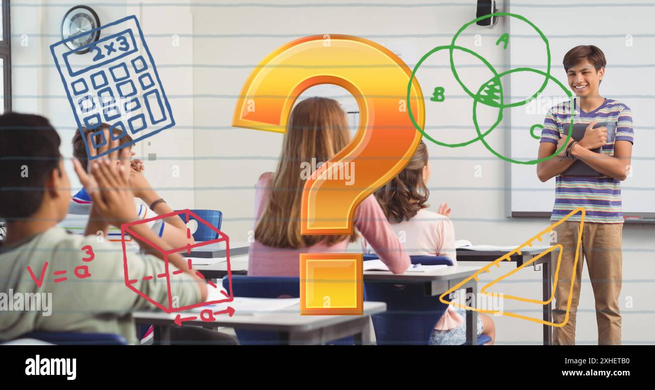 Multiple school concept icons against boy giving a presentation at ...