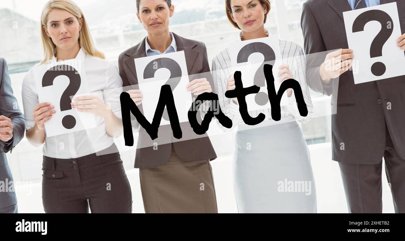 Image of math text over group of diverse business people holding ...