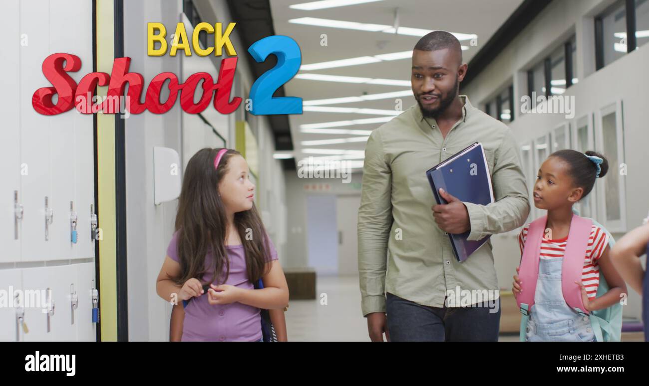 Image of back 2 school text over happy diverse male teacher and ...