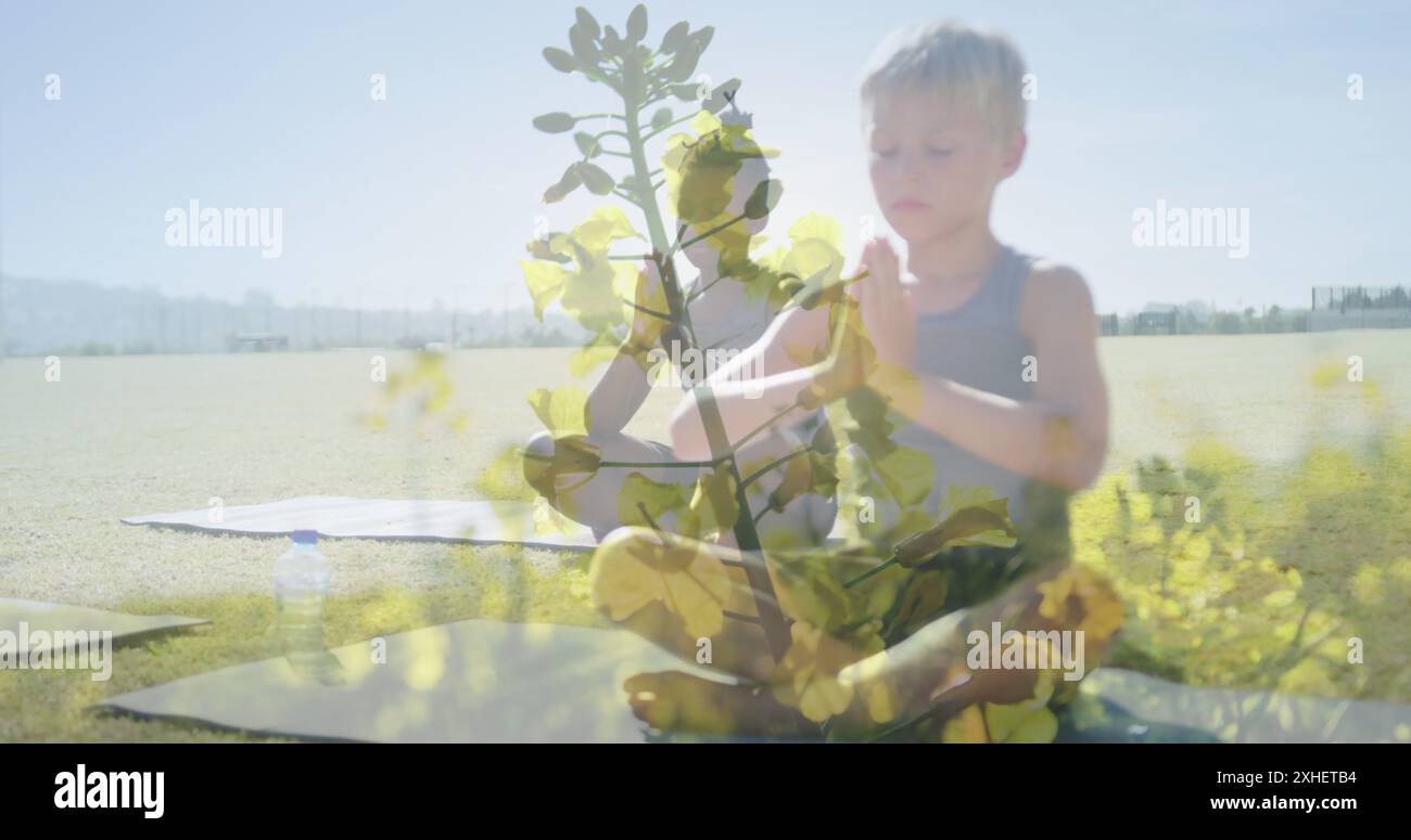 Image of plants over happy diverse schoolboys meditating in outdoor ...