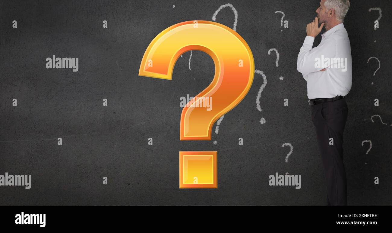 Image of question marks over diverse caucasian businessman. education ...