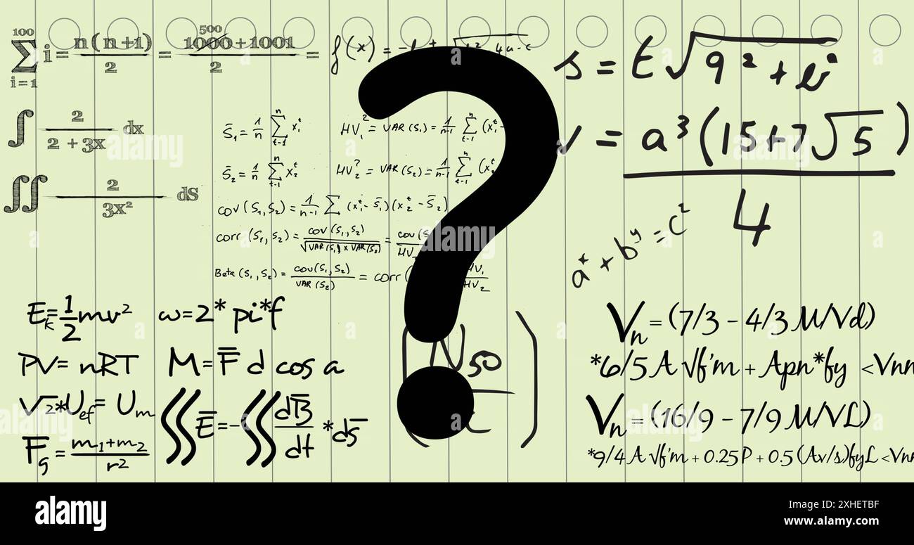 Image of question mark and mathematical equations on white background ...