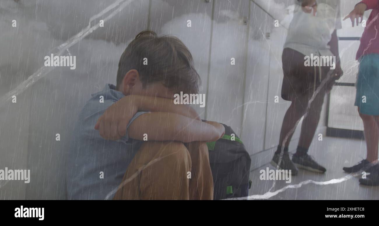 Image of clouds and lightning over sad caucasian schoolboy sitting in ...