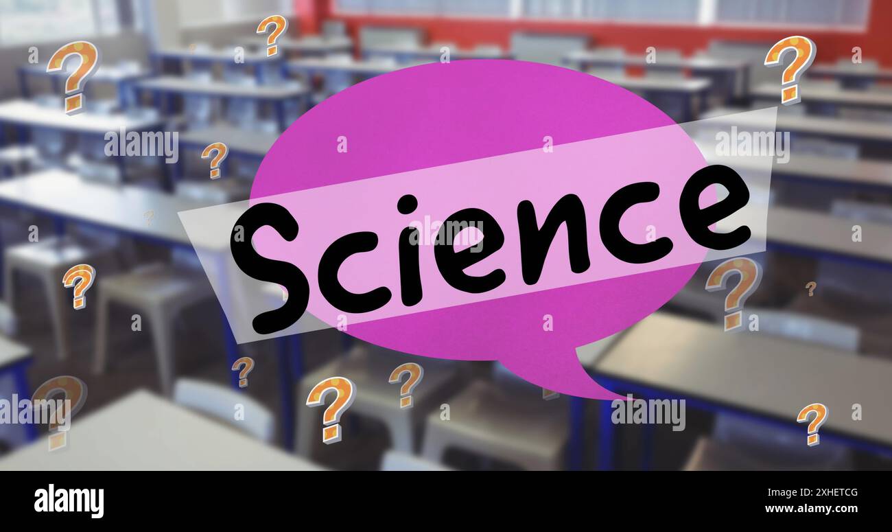 Image of science text with question marks over empty classroom ...