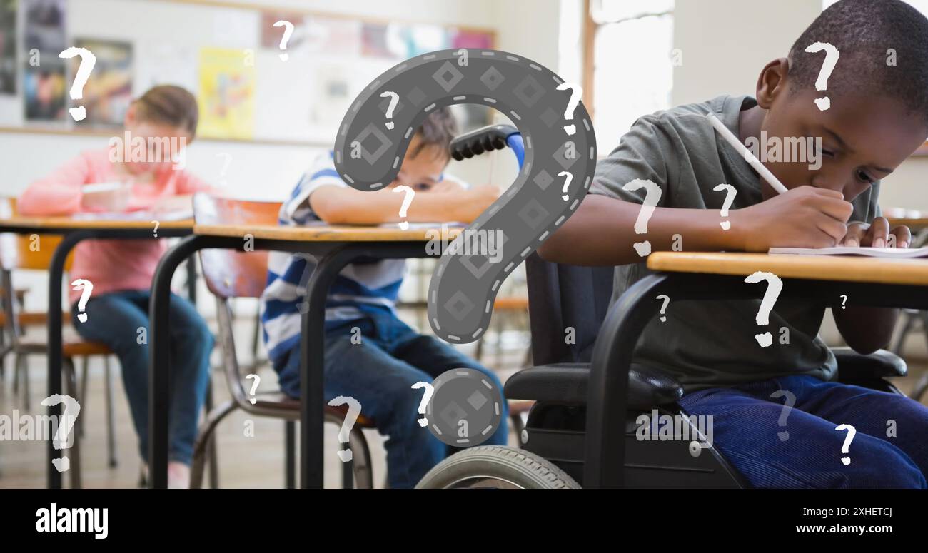 Image of question marks over diverse schoolchildren sitting in ...