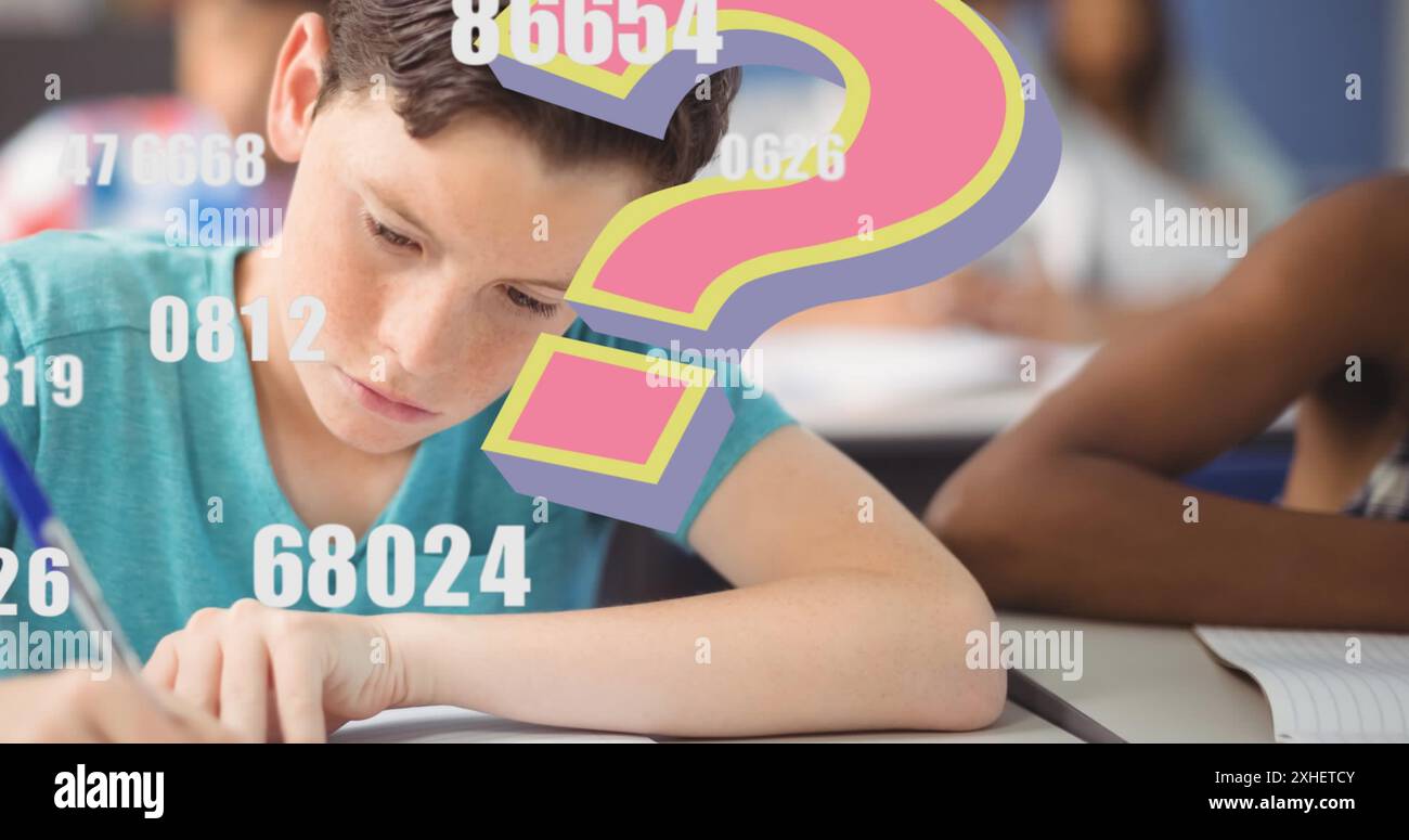 Image of question mark and growing numbers over diverse students in ...