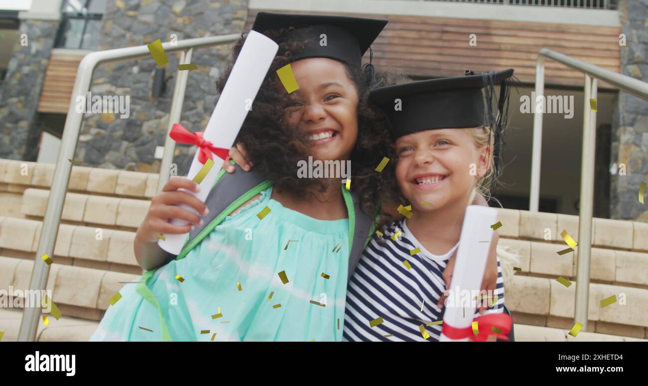 Image of gold confetti over happy diverse schoolgirls with diplomas and ...