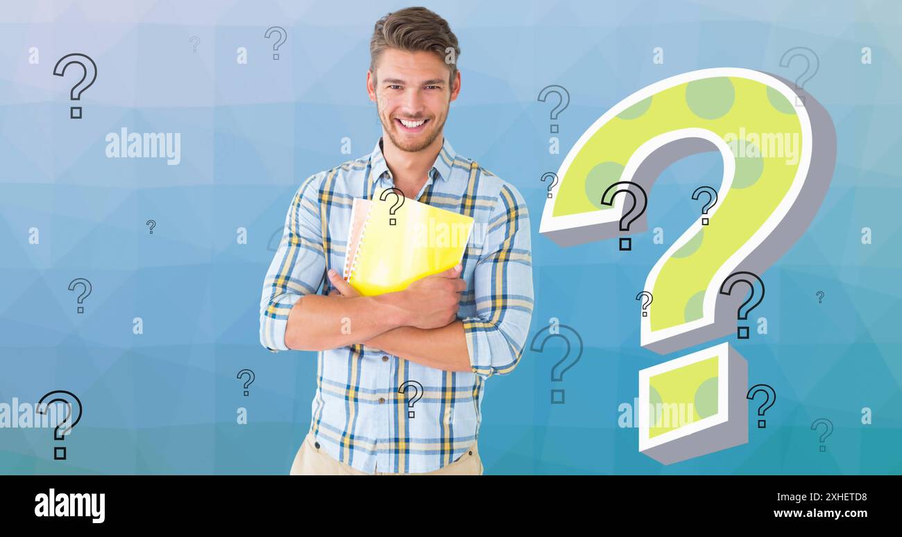 Image of question marks over caucasian male teacher Stock Photo - Alamy