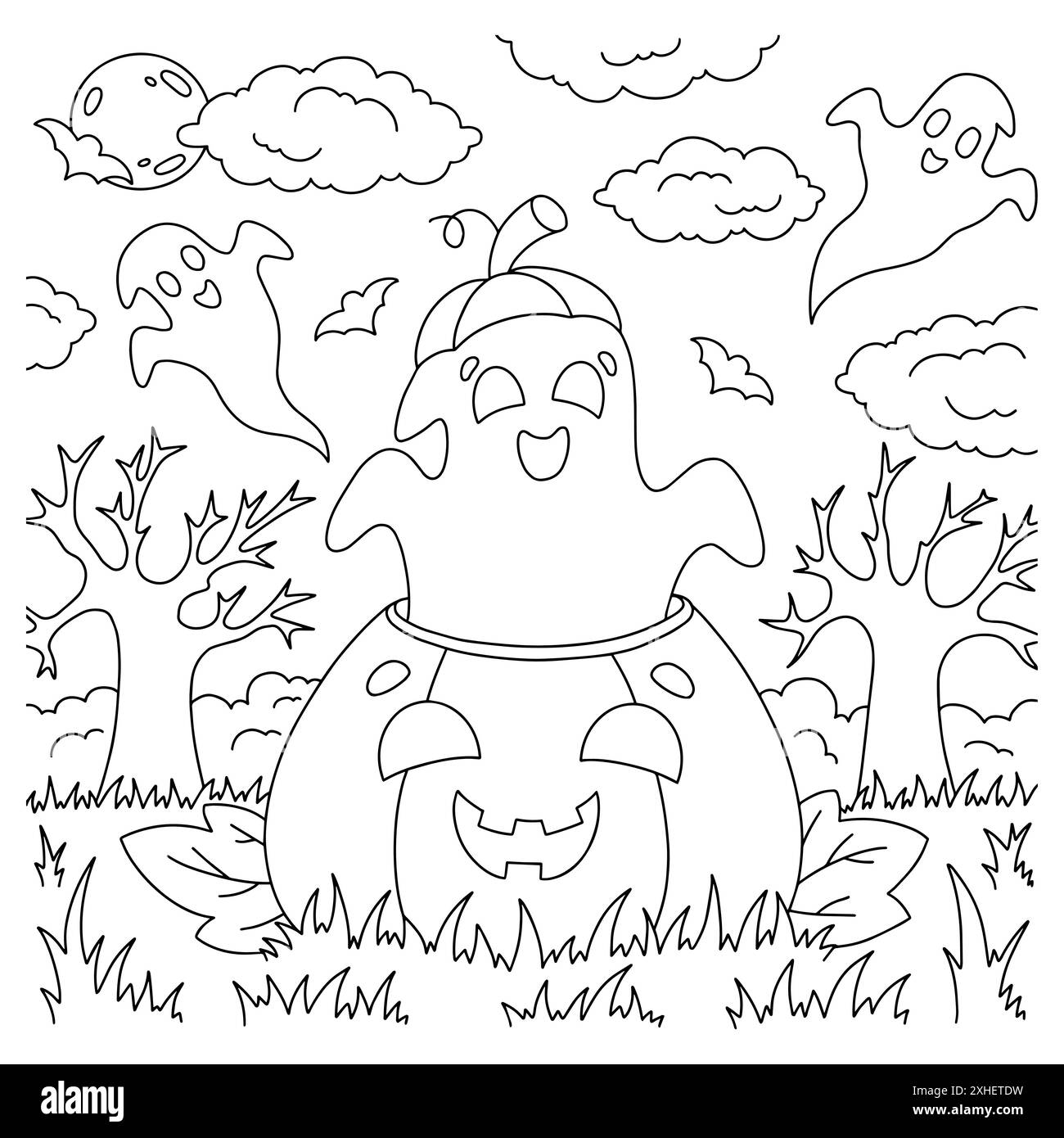 The ghost flies out of the pumpkin. Coloring book page for kids ...