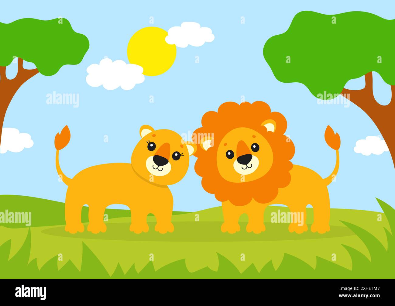 Cute lion and lioness. Wild animal. Cartoon character. Colorful vector ...
