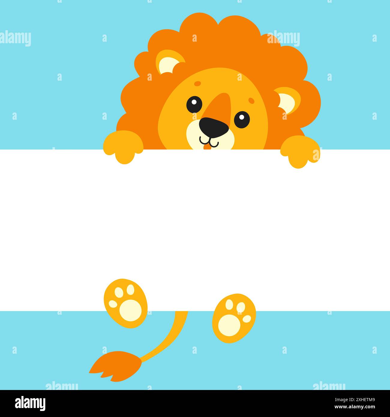 Funny lion. Cute cartoon character holding white blank poster. With ...