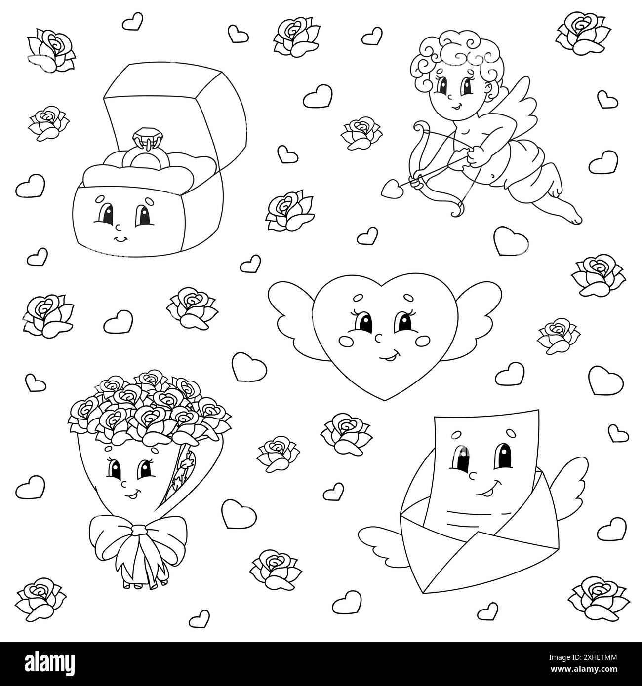 Coloring book for kids. Valentine's Day clipart. Cheerful characters ...