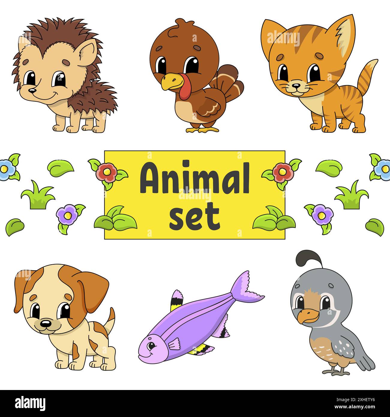 Set of stickers with cute cartoon characters. Animal clipart. Hand ...