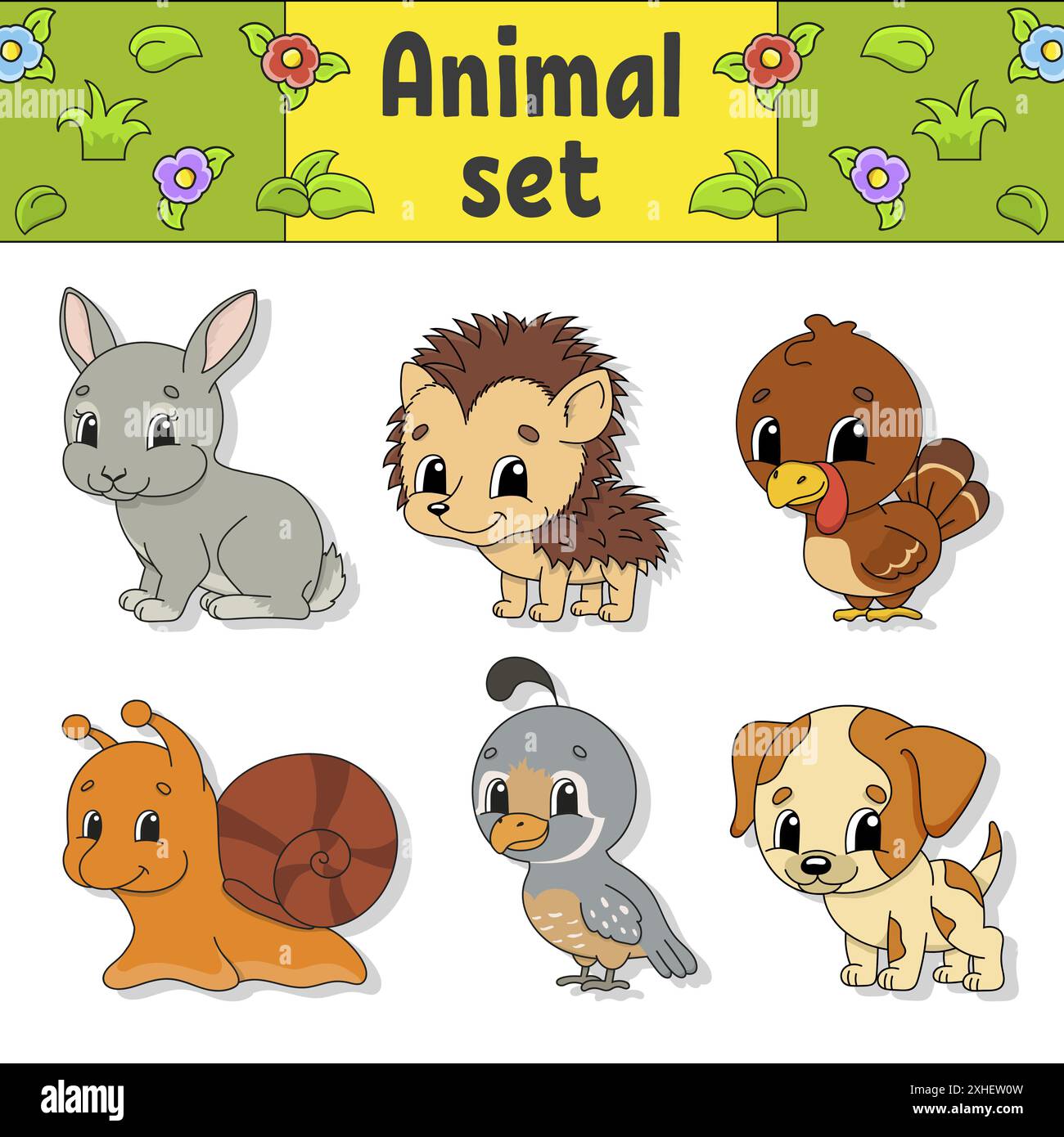 Set of stickers with cute cartoon characters. Animal clipart. Hand ...