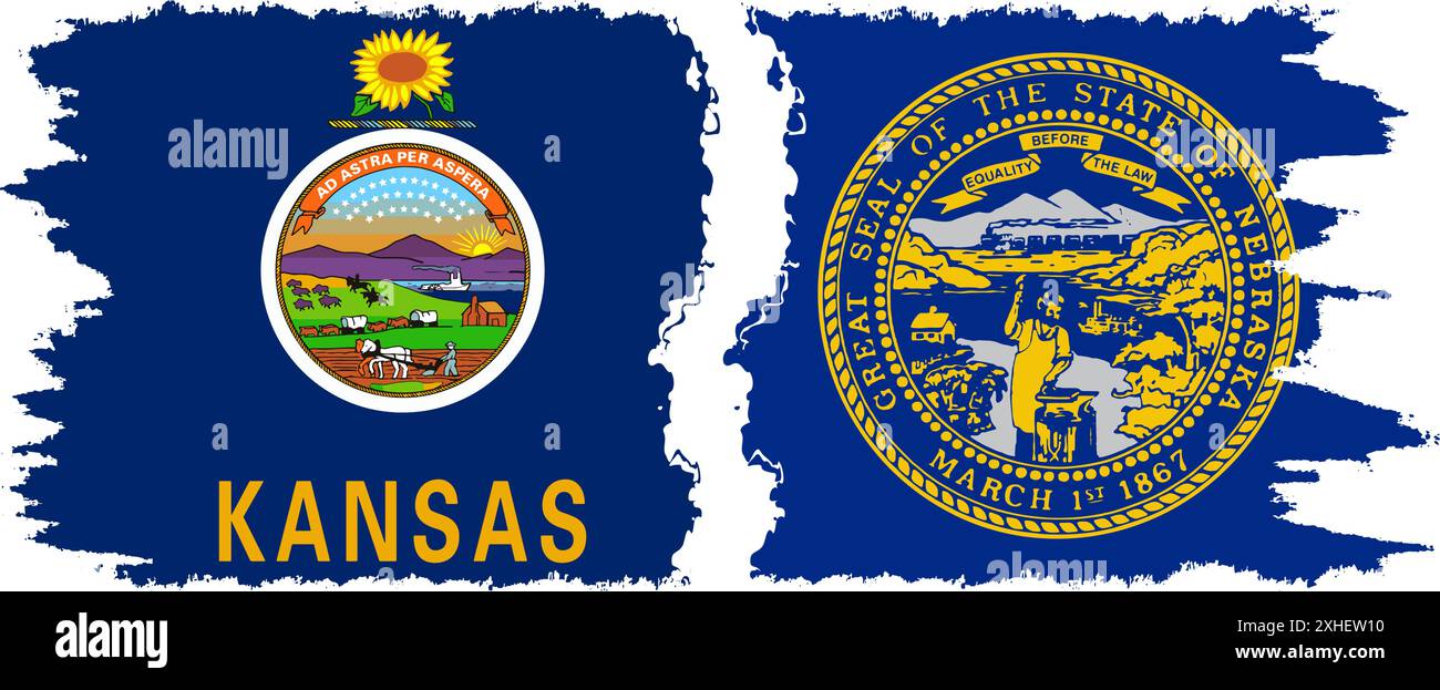 Nebraska and Kansas states grunge brush flags connection, vector Stock ...
