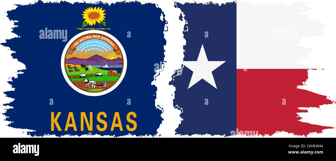 Texas and Kansas states grunge brush flags connection, vector Stock ...