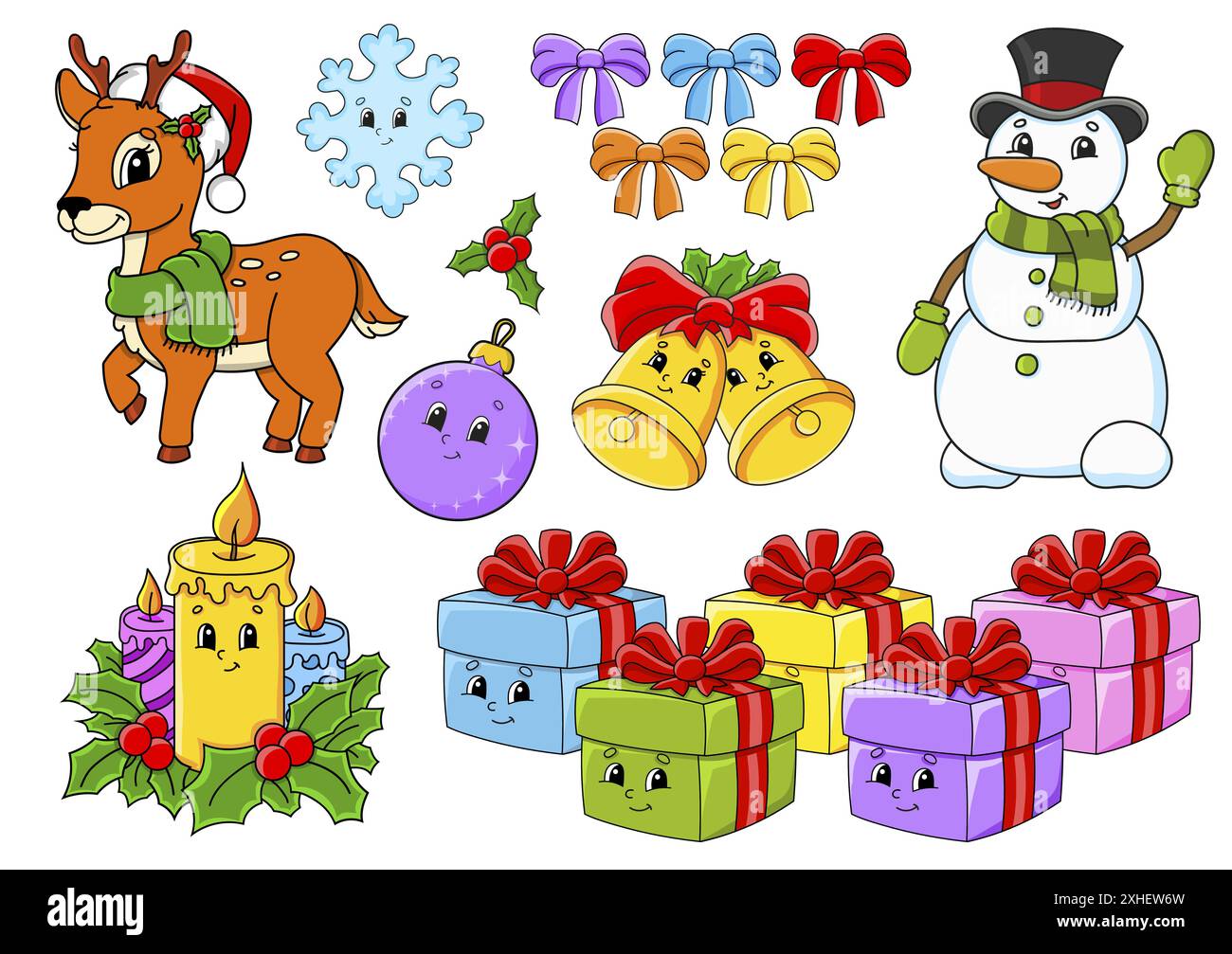 Set of stickers with cute cartoon characters. Christmas theme. Hand ...