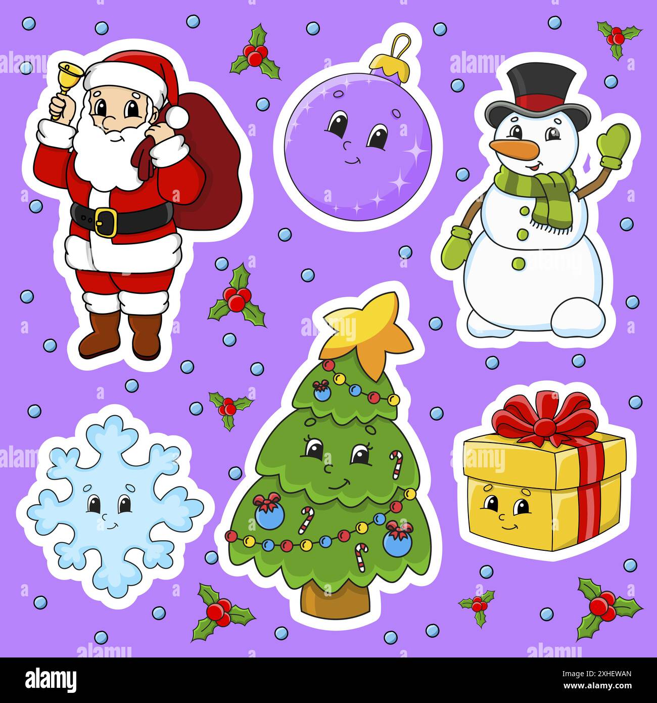 Set of stickers with cute cartoon characters. Christmas theme. Hand ...