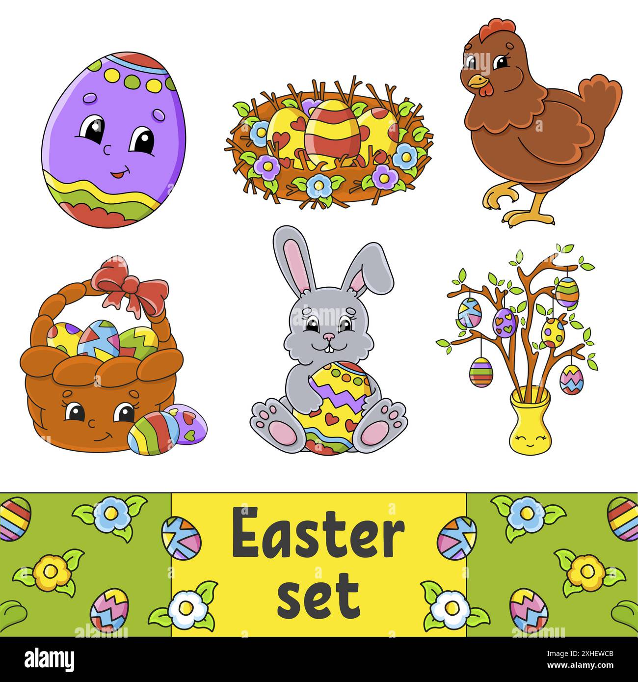 Set of cute cartoon characters. Easter clipart. Hand drawn. Colorful ...
