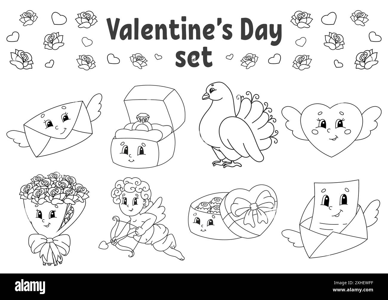 Coloring book for kids. Valentine's Day clipart. Cheerful characters ...