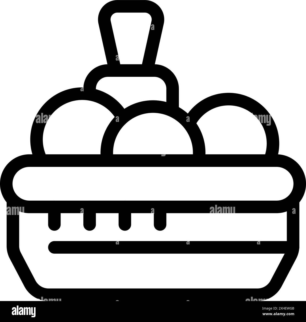 Line drawing of a basket full of apples with a plunger pressing down ...