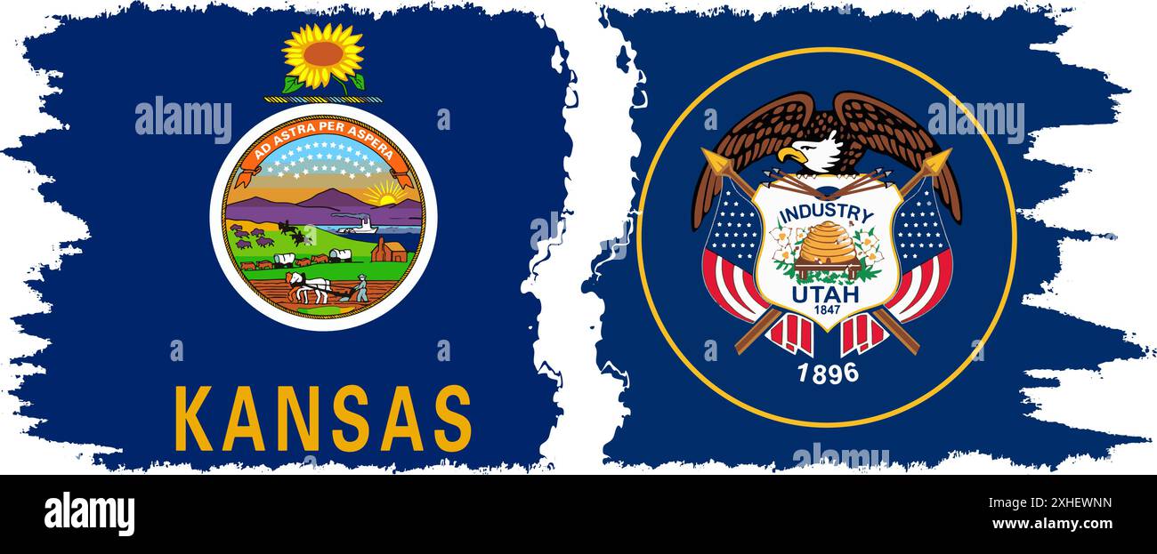 Utah and Kansas states grunge brush flags connection, vector Stock ...