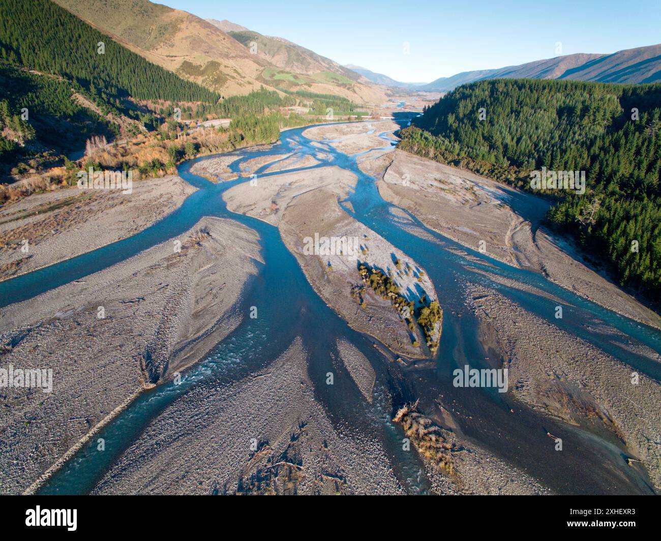 Aerial view of Wairau River in Wairau Valley, Malborough, New Zealand ...