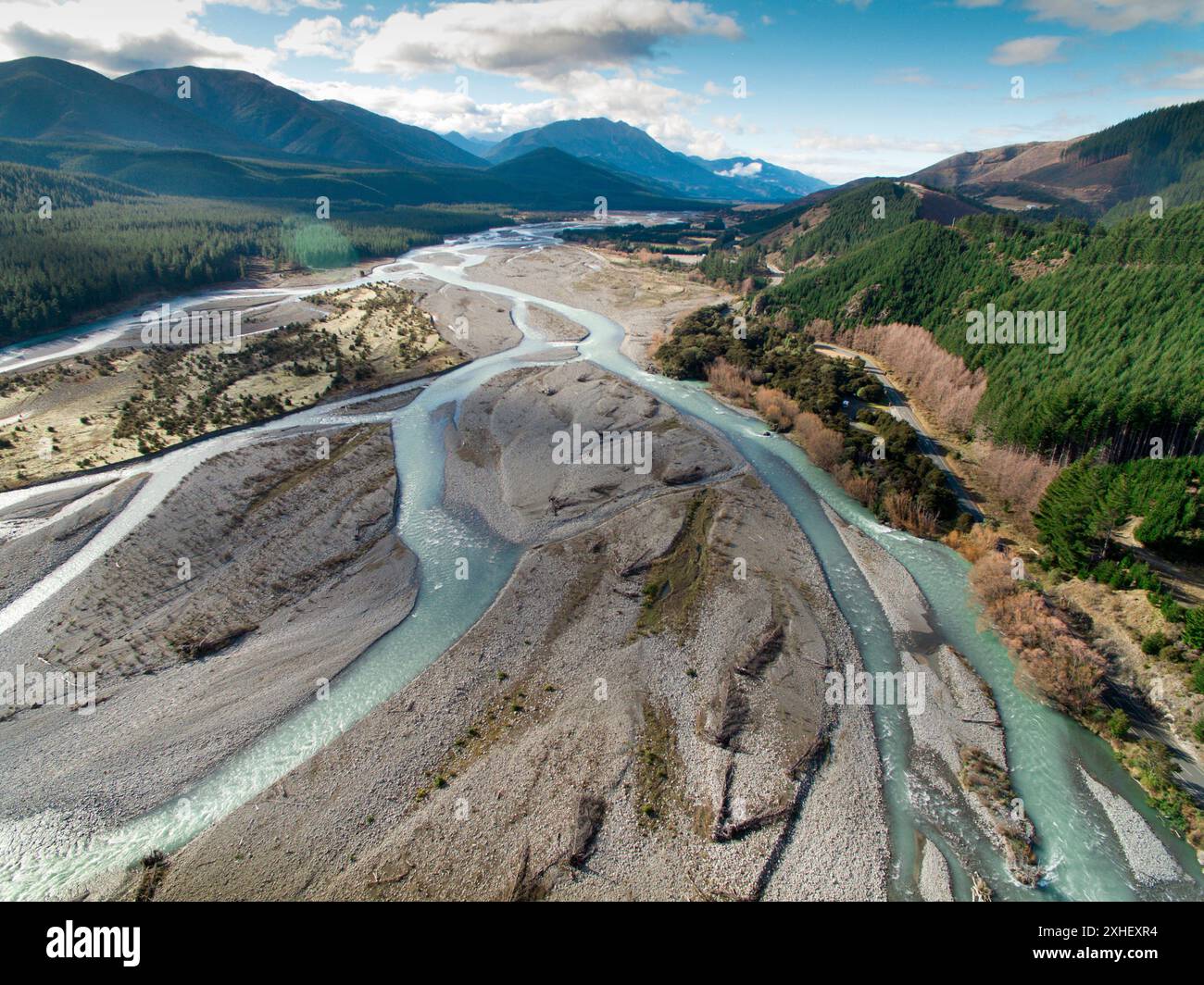 Aerial view of Wairau River in Wairau Valley, Malborough, New Zealand ...