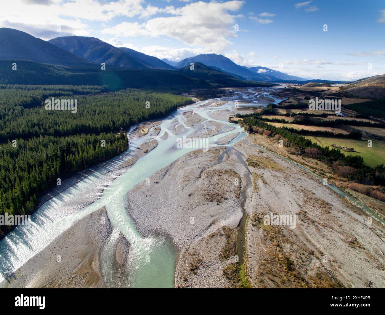 Aerial view of Wairau River in Wairau Valley, Malborough, New Zealand ...