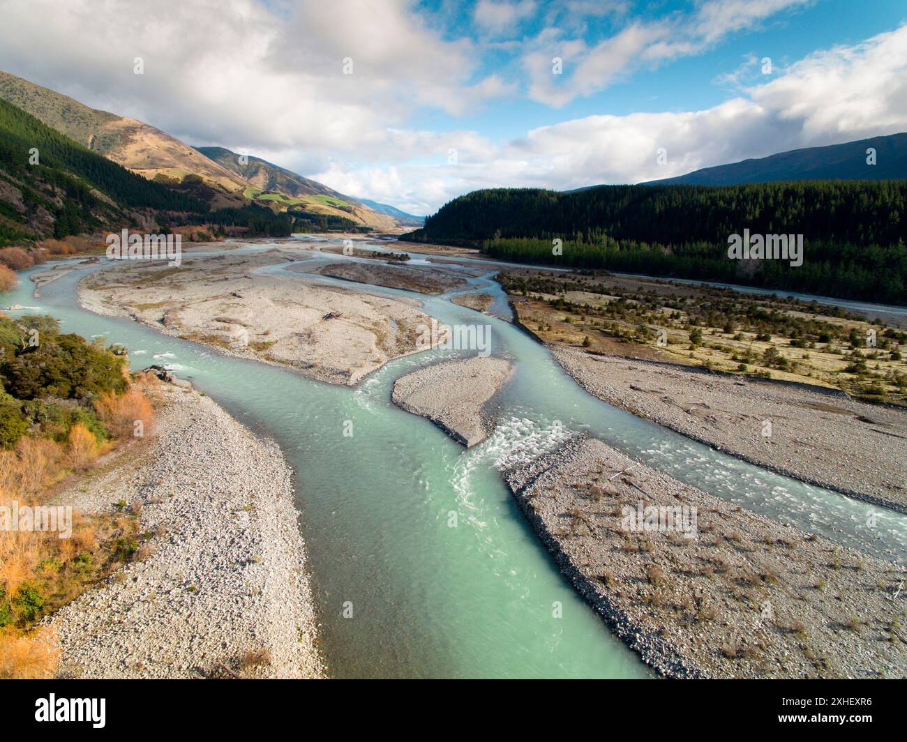 Aerial view of Wairau River in Wairau Valley, Malborough, New Zealand ...