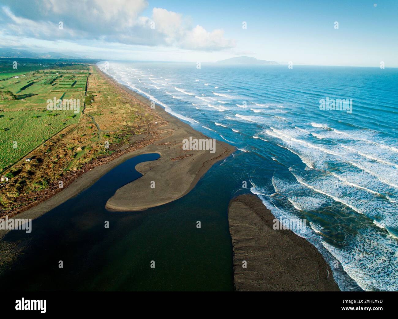 Aerial view of the Otaki river mouth and Otaki beach, Kapiti, New ...