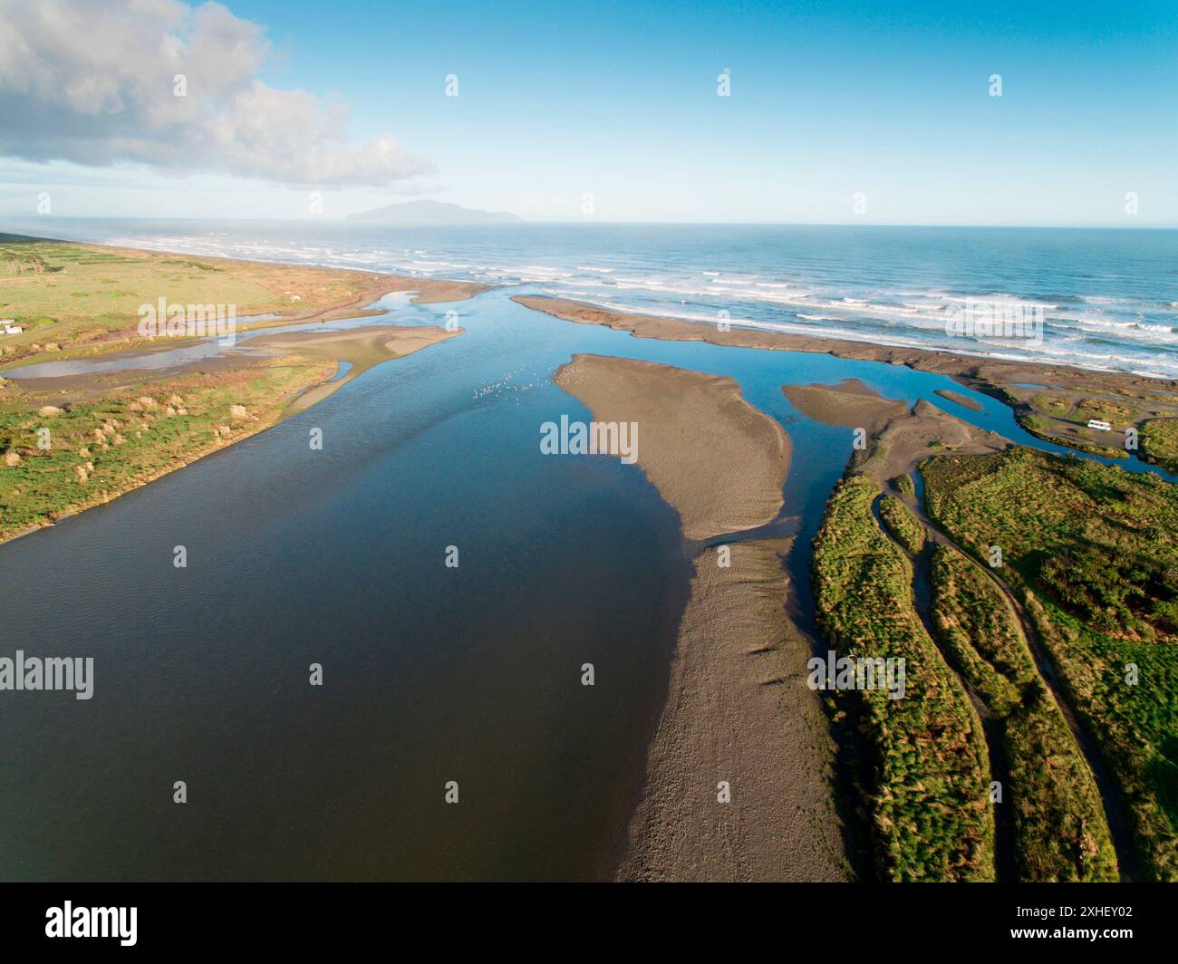 Aerial view of the Otaki river mouth and Otaki beach, Kapiti, New ...