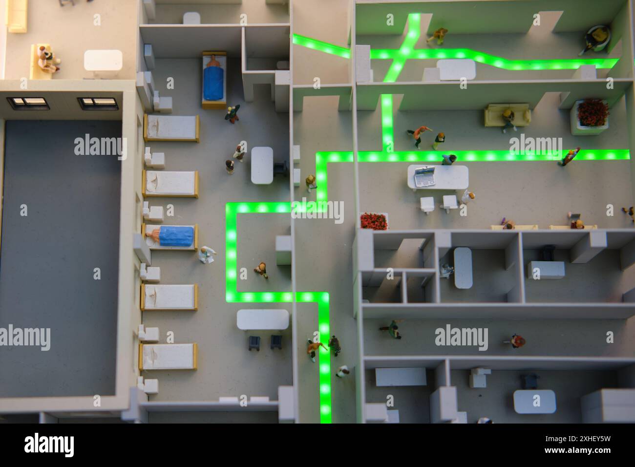 Miniature model of hospital floor plan with medical staff and patients ...