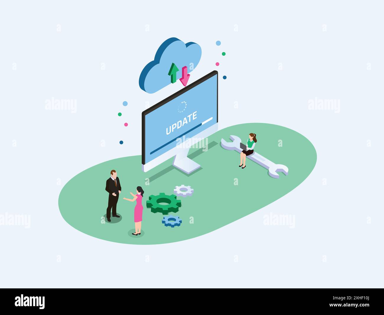 Cloud computing software update vector concept. People character with software update progress ...