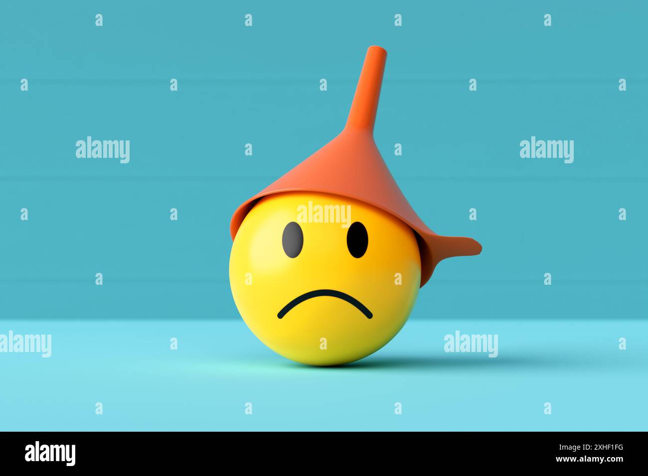 Yellow emoji with sad face wearing a funnel on its head. Mental health ...
