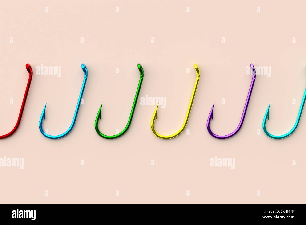 Six colorful fishing hooks are displayed on a pastel background, adding a vibrant touch to this ...