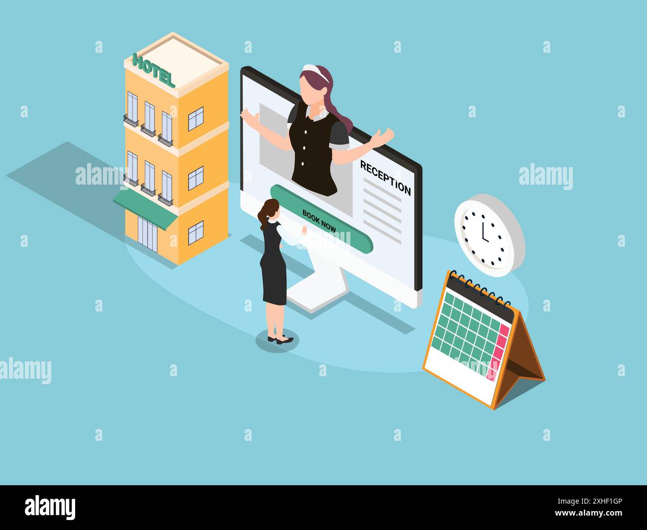 Woman booking hotel room online with virtual hotel reception on the ...