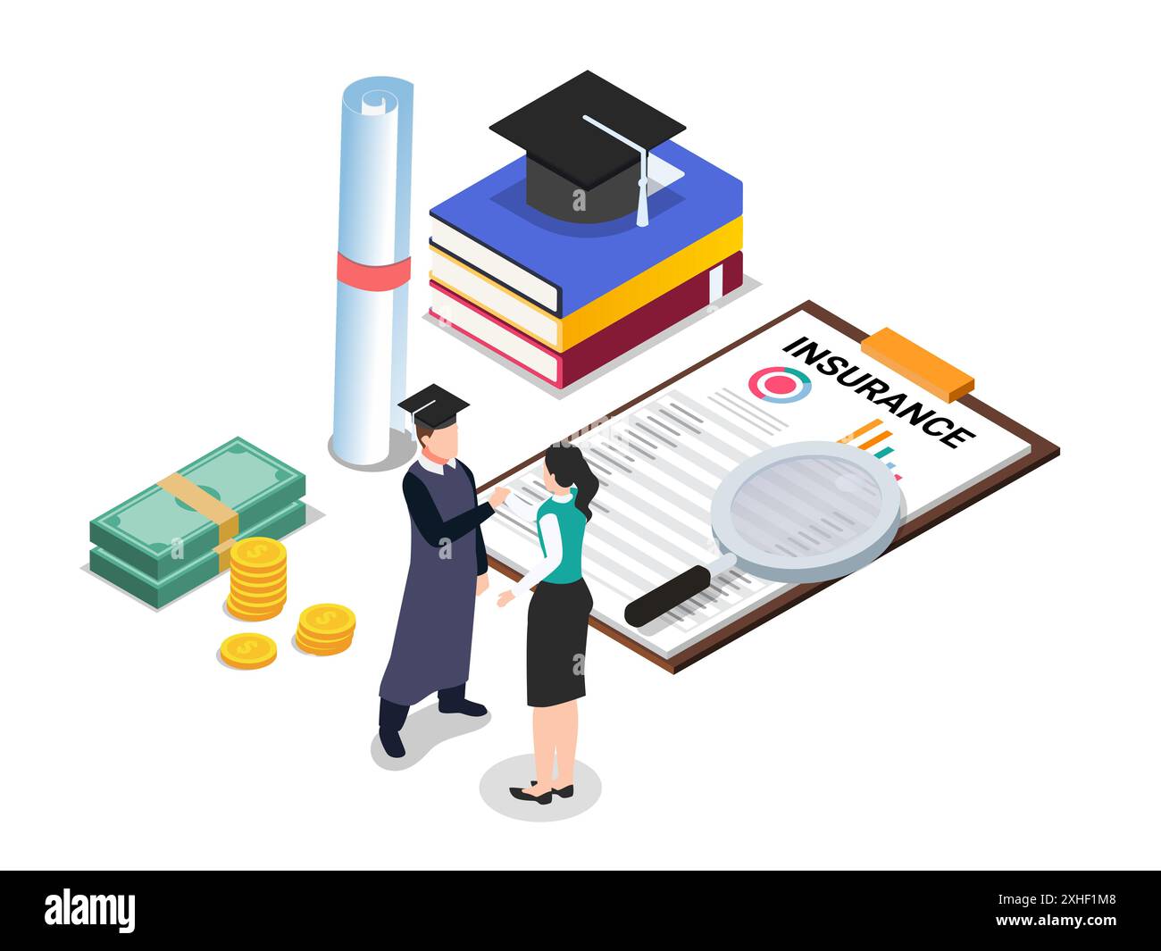 College student in graduation gown talking with education insurance ...