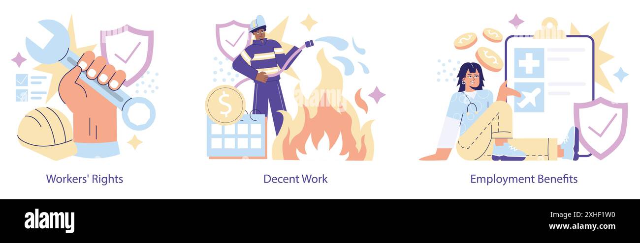 Labor Day set. Illustration of workers rights, fair compensation, and ...