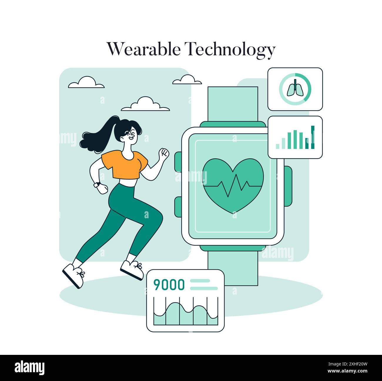 Wearable technology concept. Illustration of a woman jogging, monitored by a smartwatch showing ...