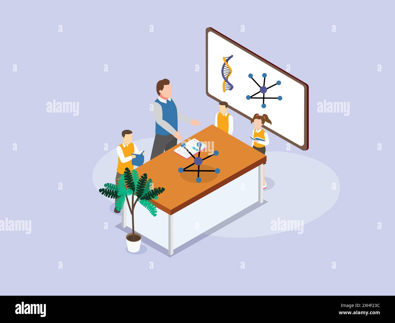 Physics teacher explaining molecule model to students in the laboratory ...
