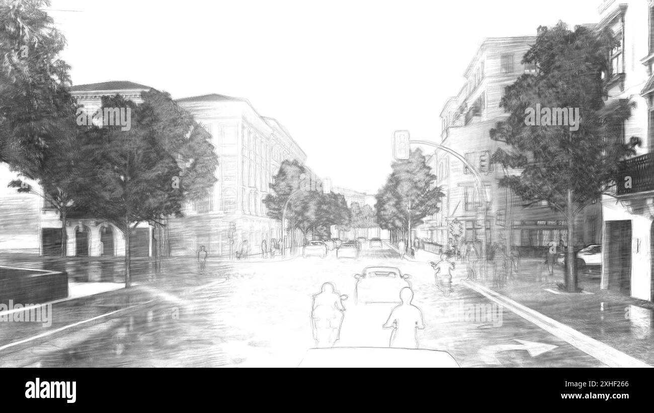 black and white sketch of traffic with several vehicles at a road ...