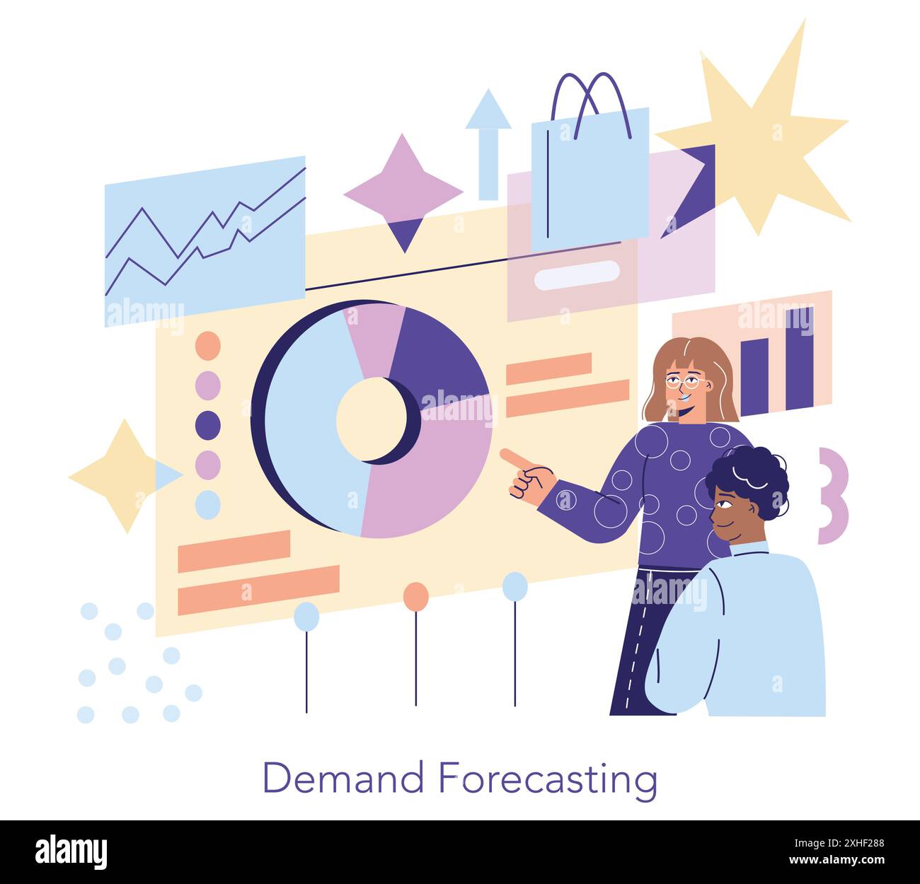 Retail tech illustration. Analysts collaborating on demand forecasting with charts and shopping ...