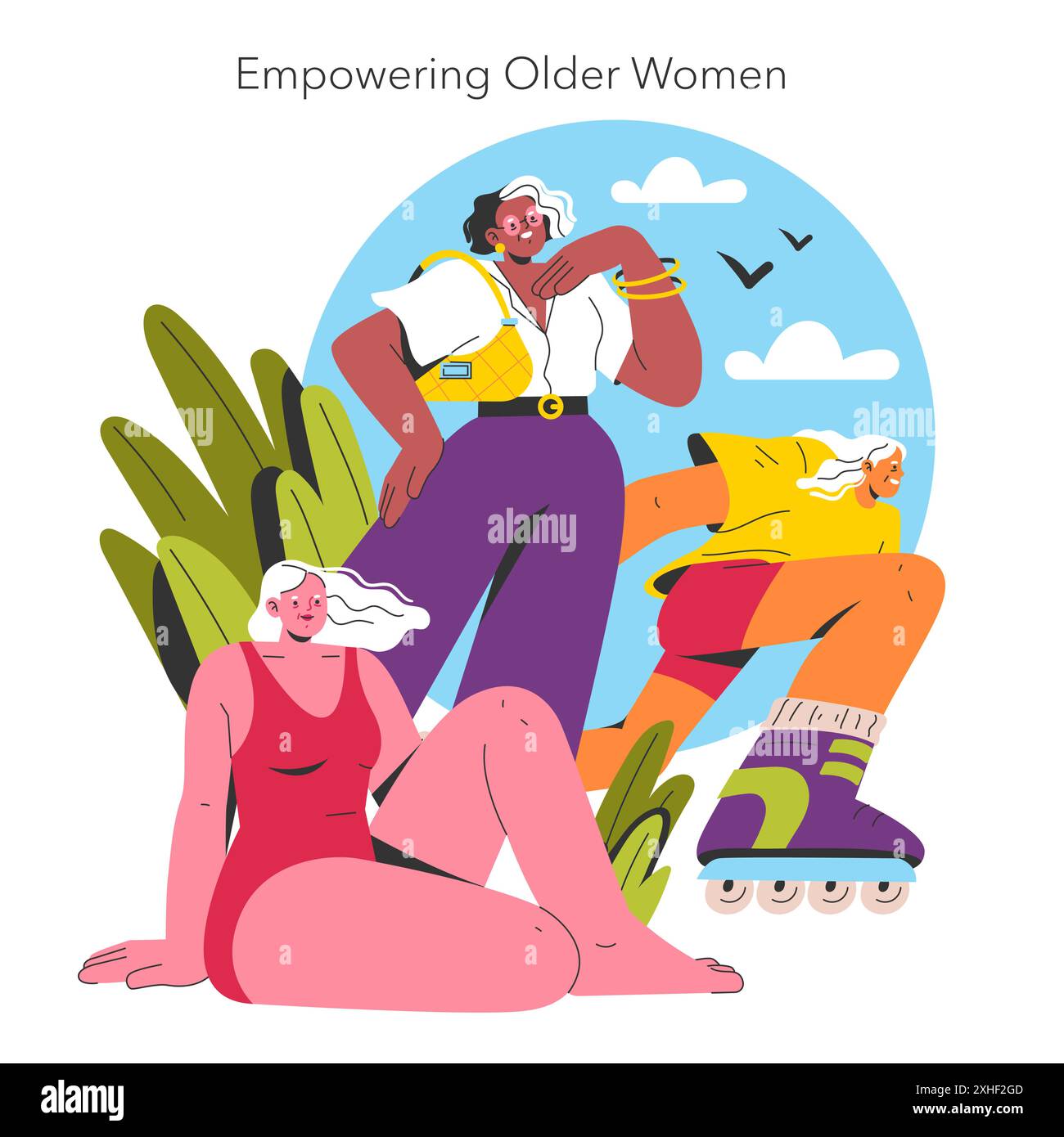 Empowering Older Women concept. Illustration of diverse senior ladies ...
